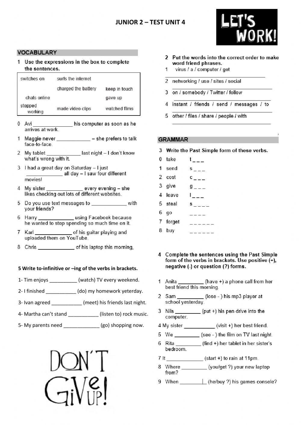 Test Junior 2 Unit 4 worksheet | Live Worksheets