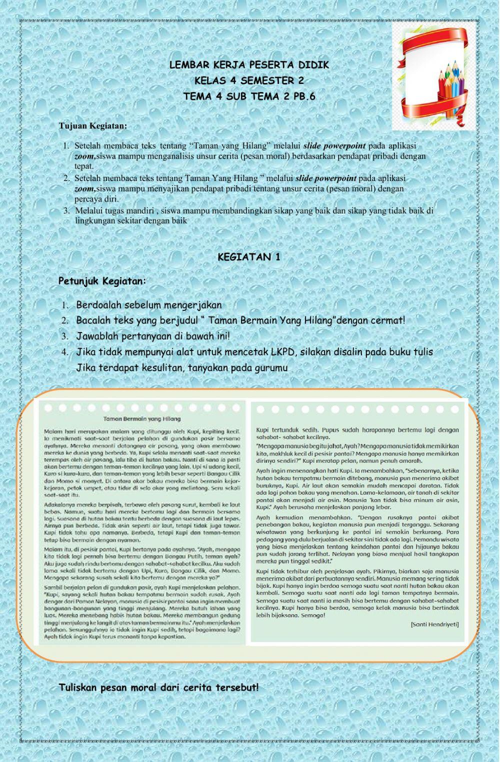 Lkpd tema 4 sub tema 2 pb.6 interactive worksheet | Live Worksheets