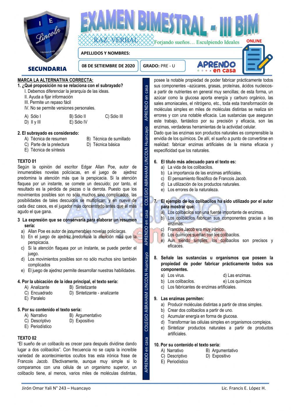 Exam. 3er Bim - Pre.U worksheet | Live Worksheets