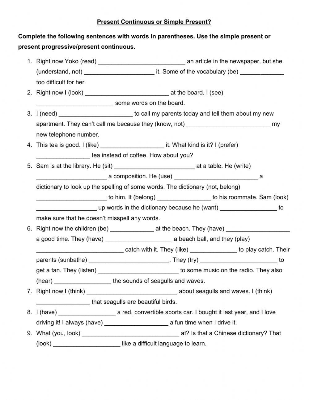 Present Continuous vs. Simple Present worksheet | Live Worksheets