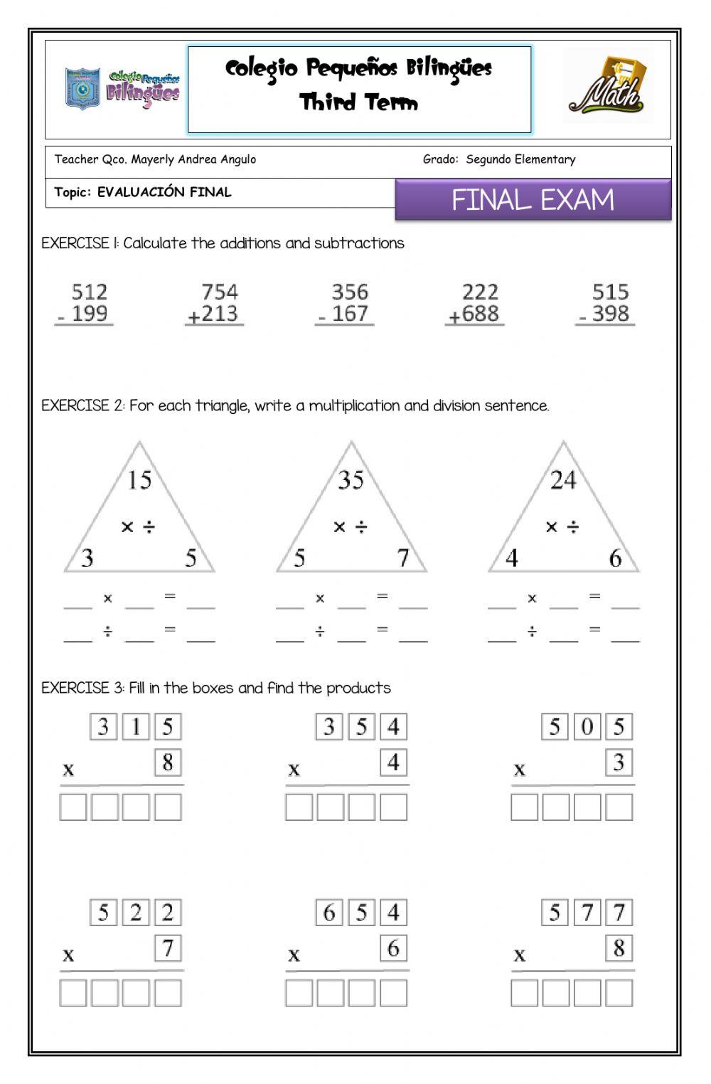 Final exam -third term-segundo elementary- math-2020 worksheet | Live ...