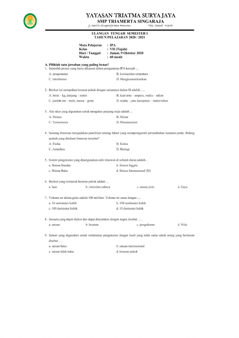 UTS IPA kelas 7 worksheet | Live Worksheets