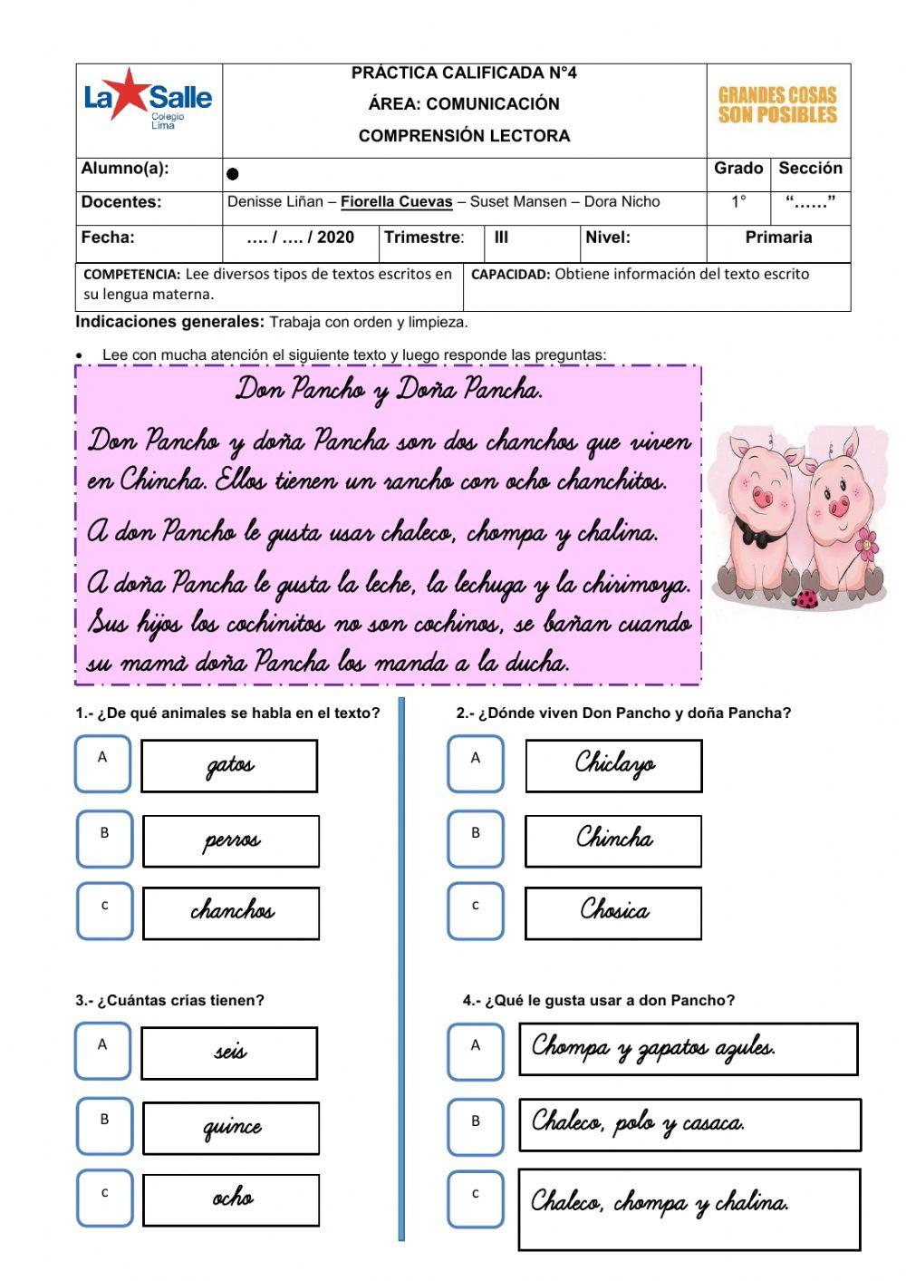 Práctica calificada de comprensión letra CH worksheet | Live Worksheets