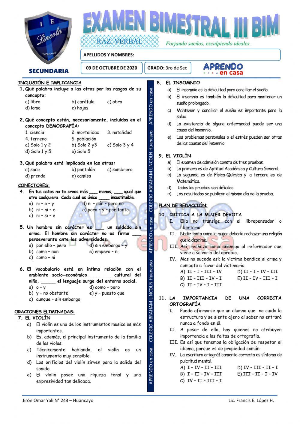 409386 | Exam. 3er Bim - 3ro de Secundaria | Francis E.