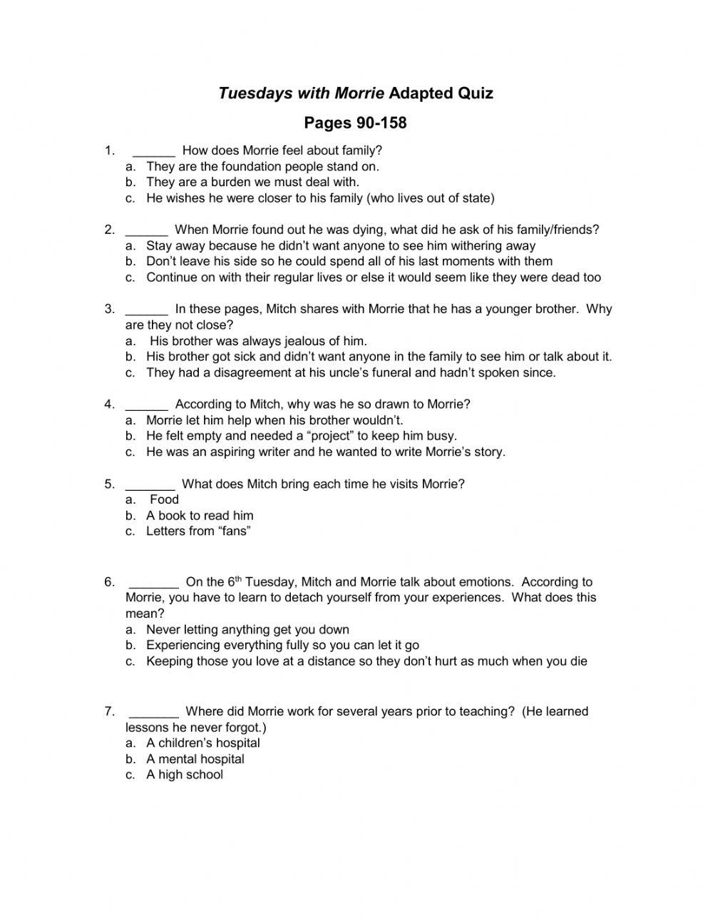 Tuesdays with Morrie 90-158 Quiz (adapted) worksheet | Live Worksheets