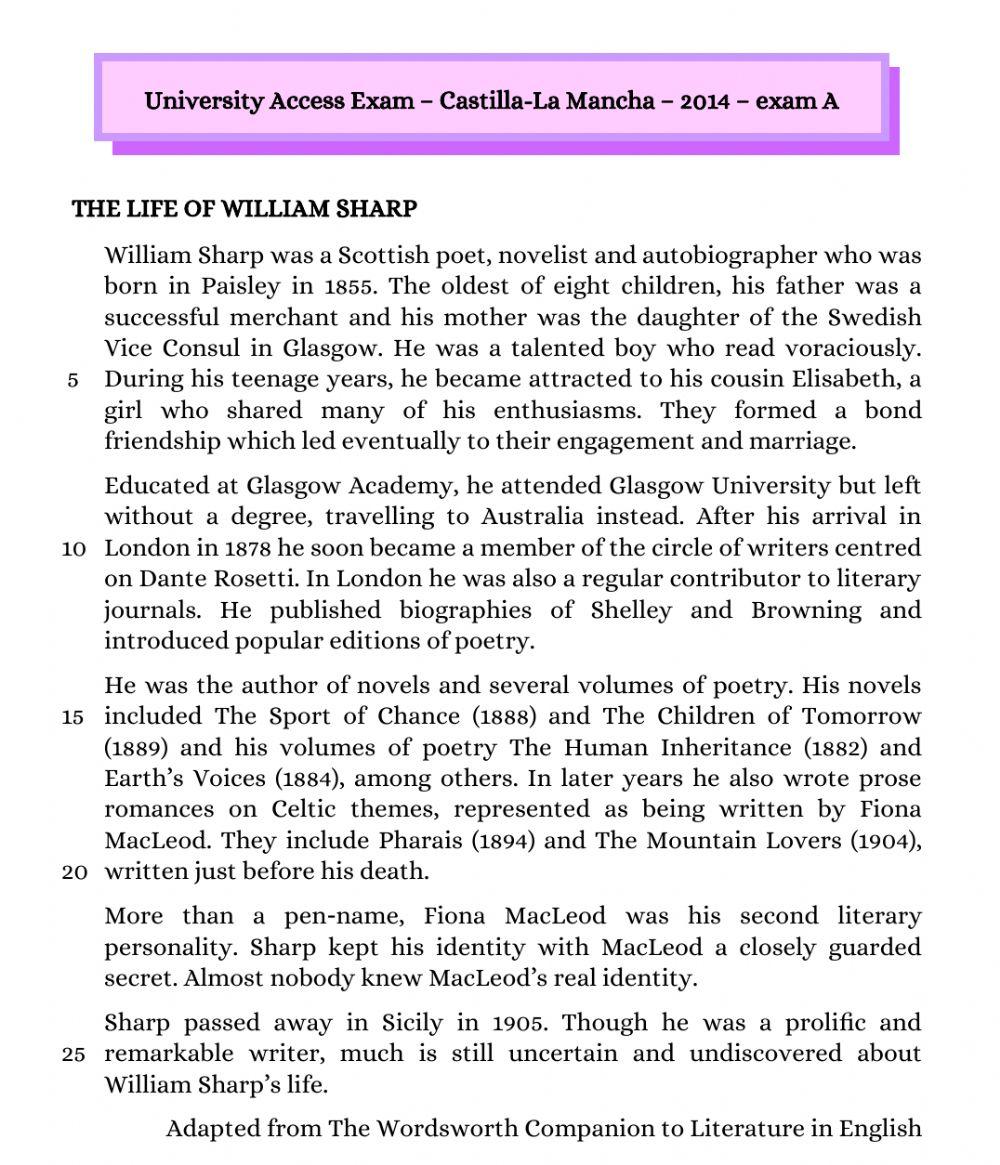 University access exam – William Sharp worksheet | Live Worksheets