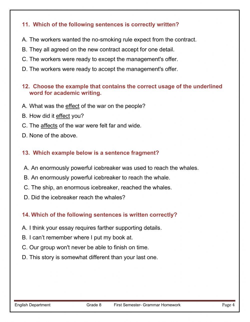 Gr. 8 - Grammar Homework- Sentence Problems online exercise for | Live ...