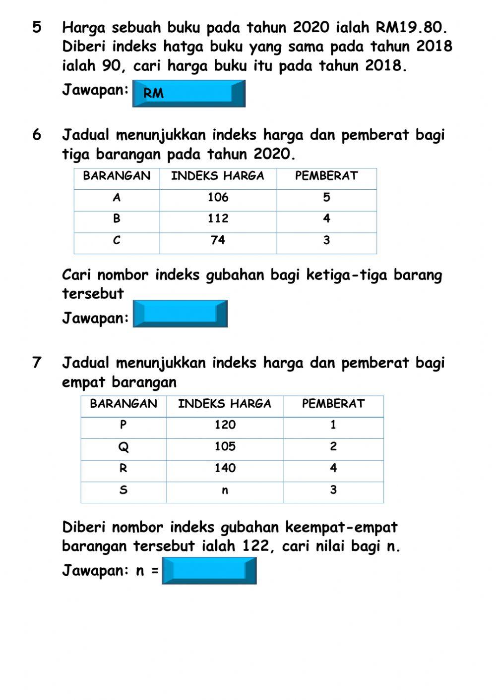 Nombor indeks worksheet | Live Worksheets
