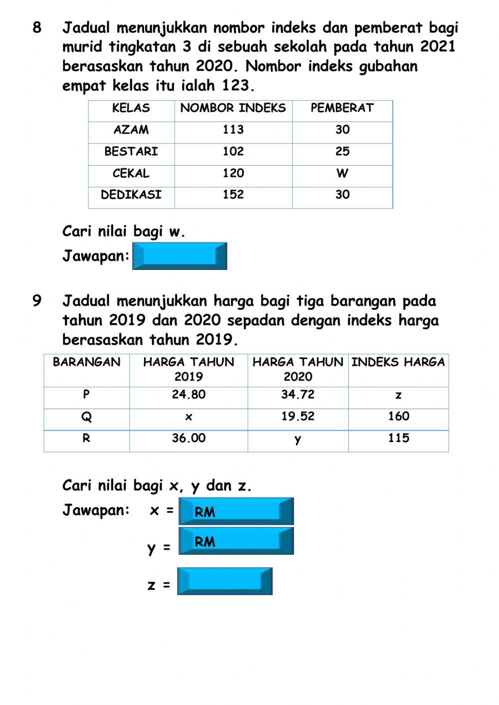Nombor indeks worksheet | Live Worksheets
