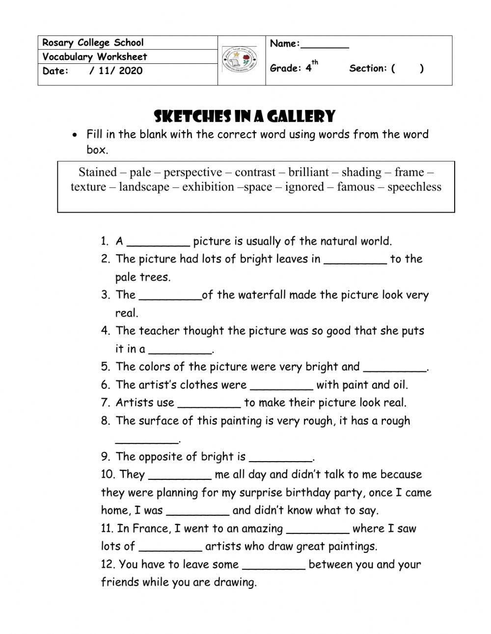 Vocabulary worksheet (Sketches in A Gallery) worksheet | Live Worksheets