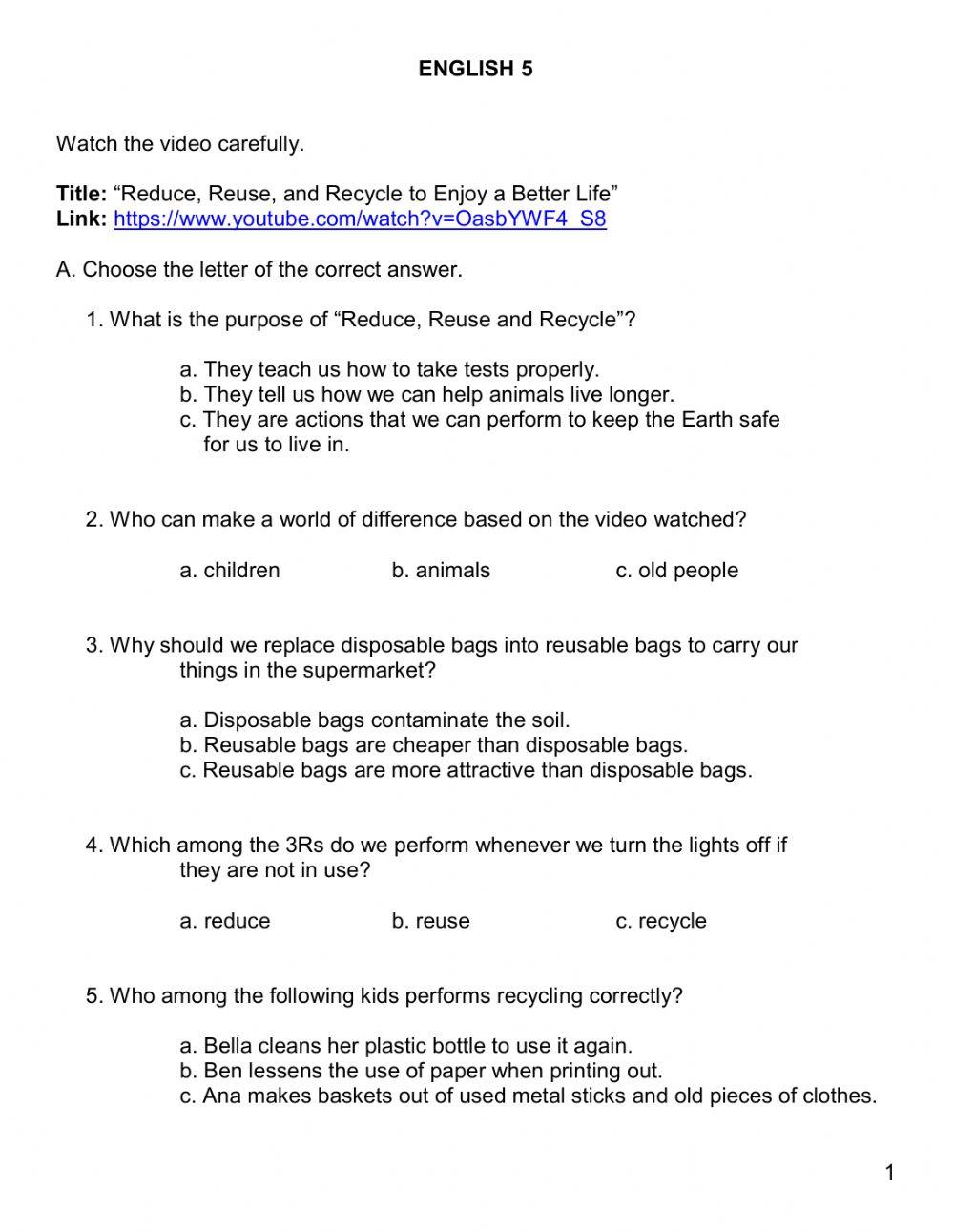 488712 | Reduce, Reuse, Recycle QUIZ | teachernela