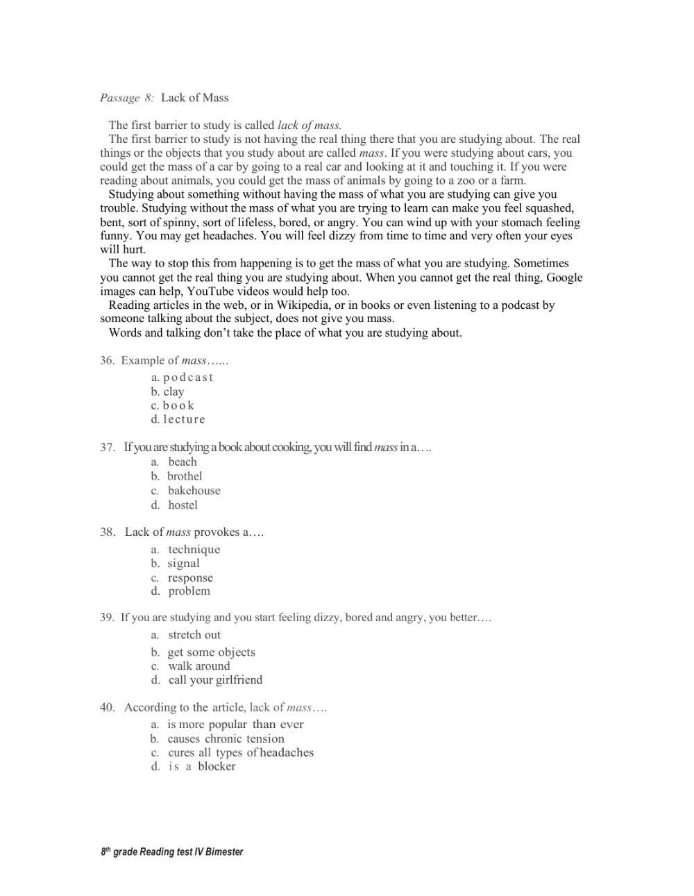 8th grade IV BM Reading online exercise for | Live Worksheets