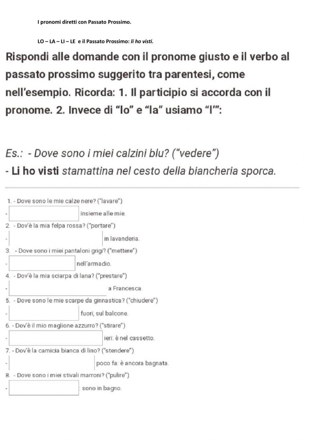 I Pronomi Complemento Diretto con Passato Prossimo online exercise for | Live Worksheets