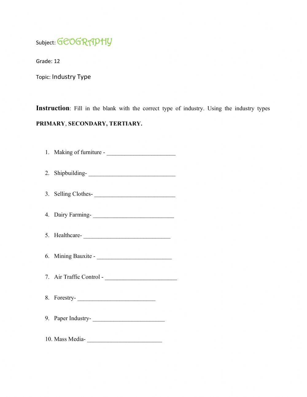 Industry Types | Free Interactive Worksheets | 489990