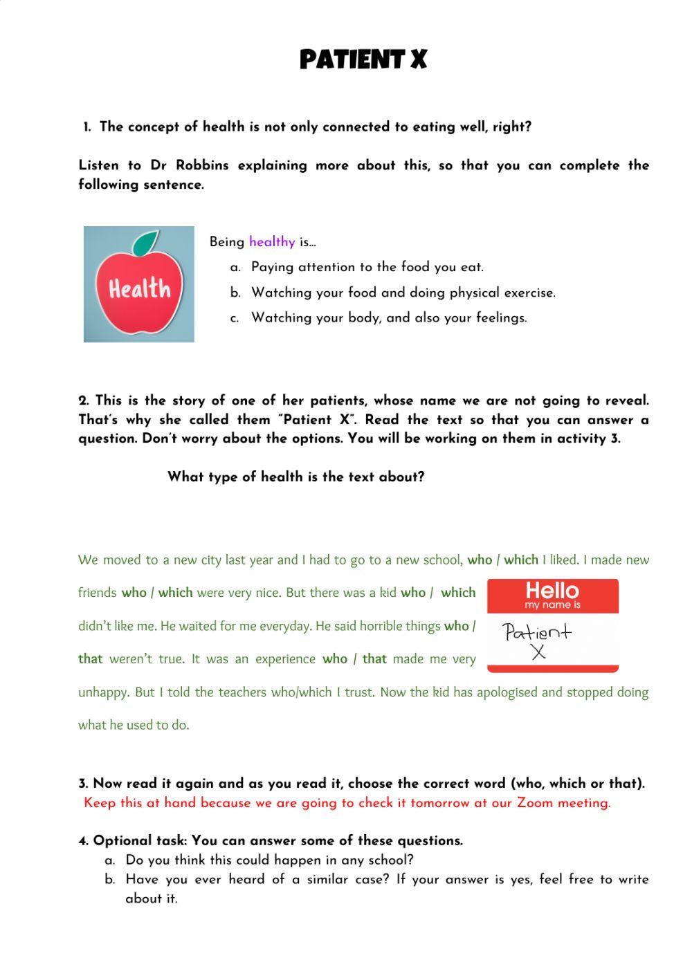 Patient X interactive worksheet | Live Worksheets