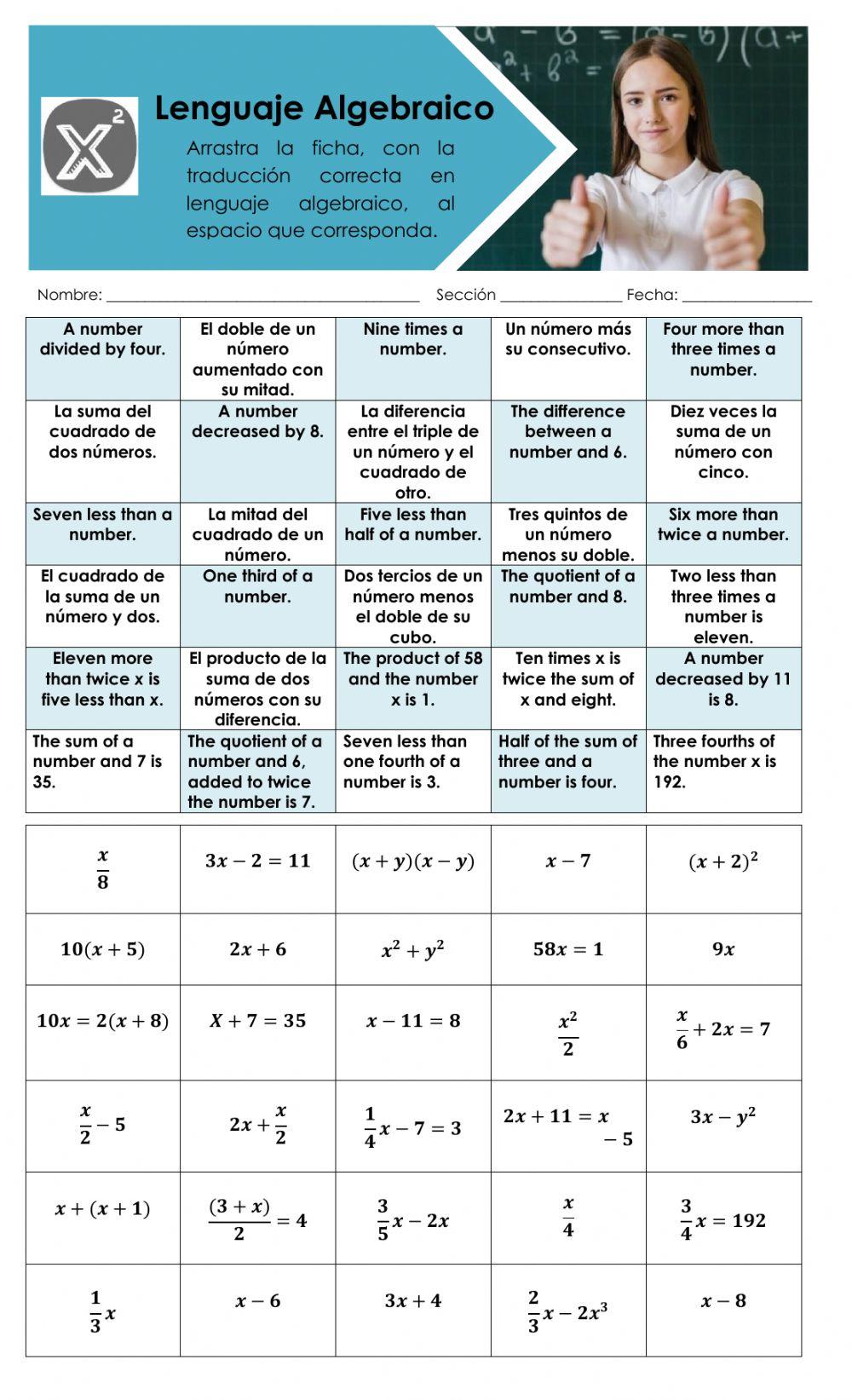 Lenguaje Algebraico interactive worksheet for Séptimo grado | Live ...