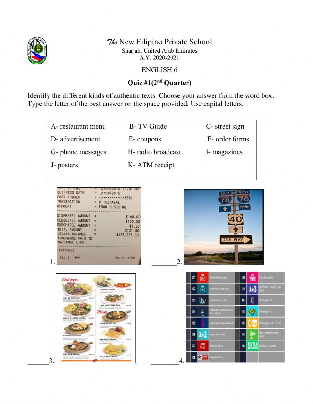 Quiz-1(2nd Qtr)- Authentic Materials (1) online exercise for | Live ...