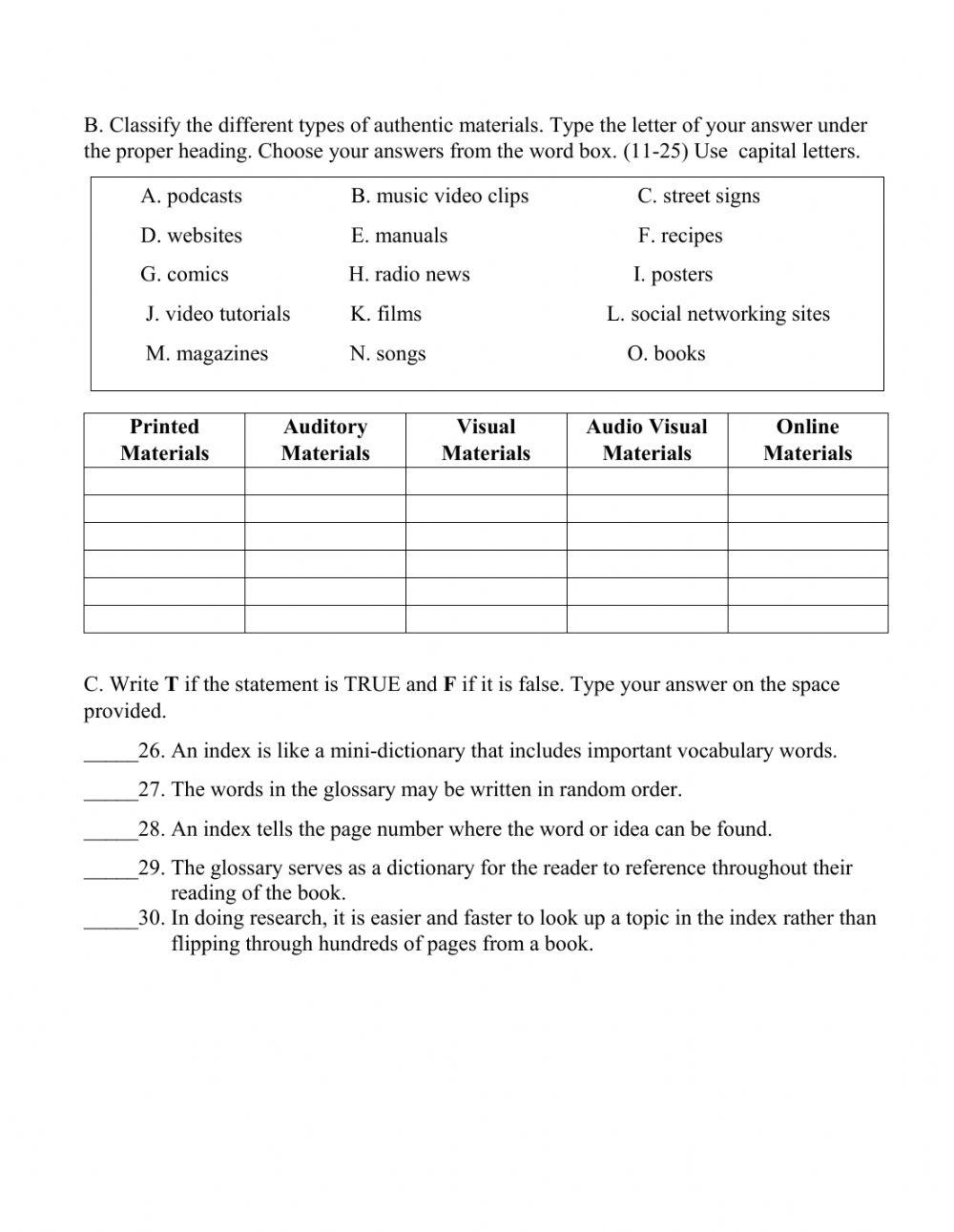 Quiz-1(2nd Qtr)- Authentic Materials (1) online exercise for | Live ...
