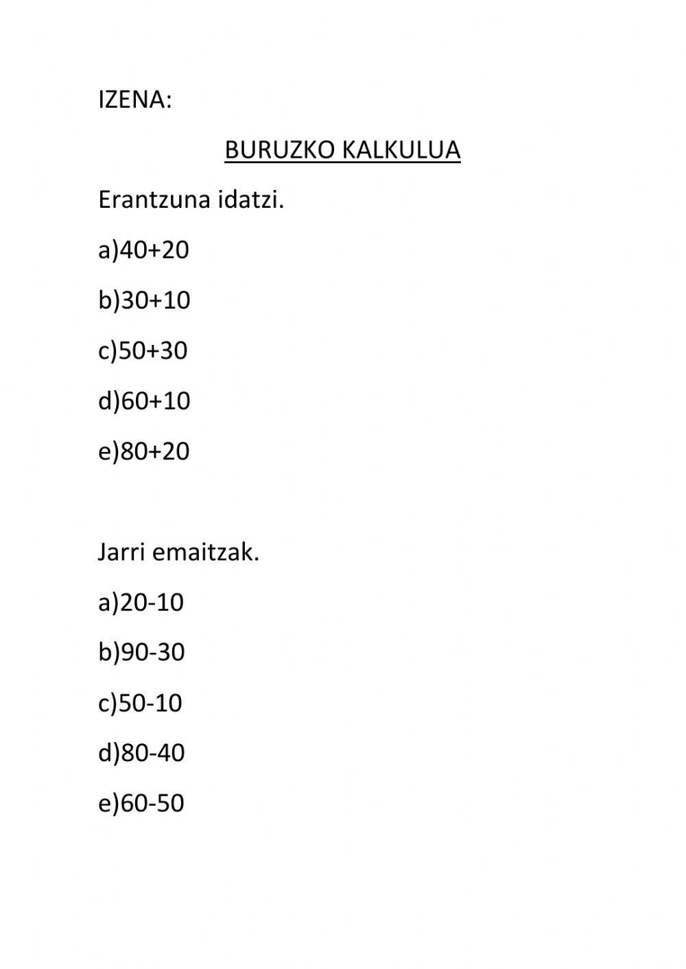 Buruzko kalkulua batuketak eta kenketak 492658