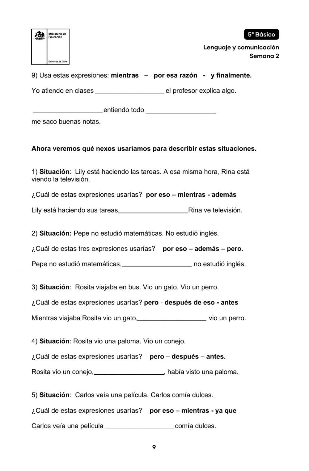 Nexos o conectores. 5° básico. Guía MINEDUC 4412795