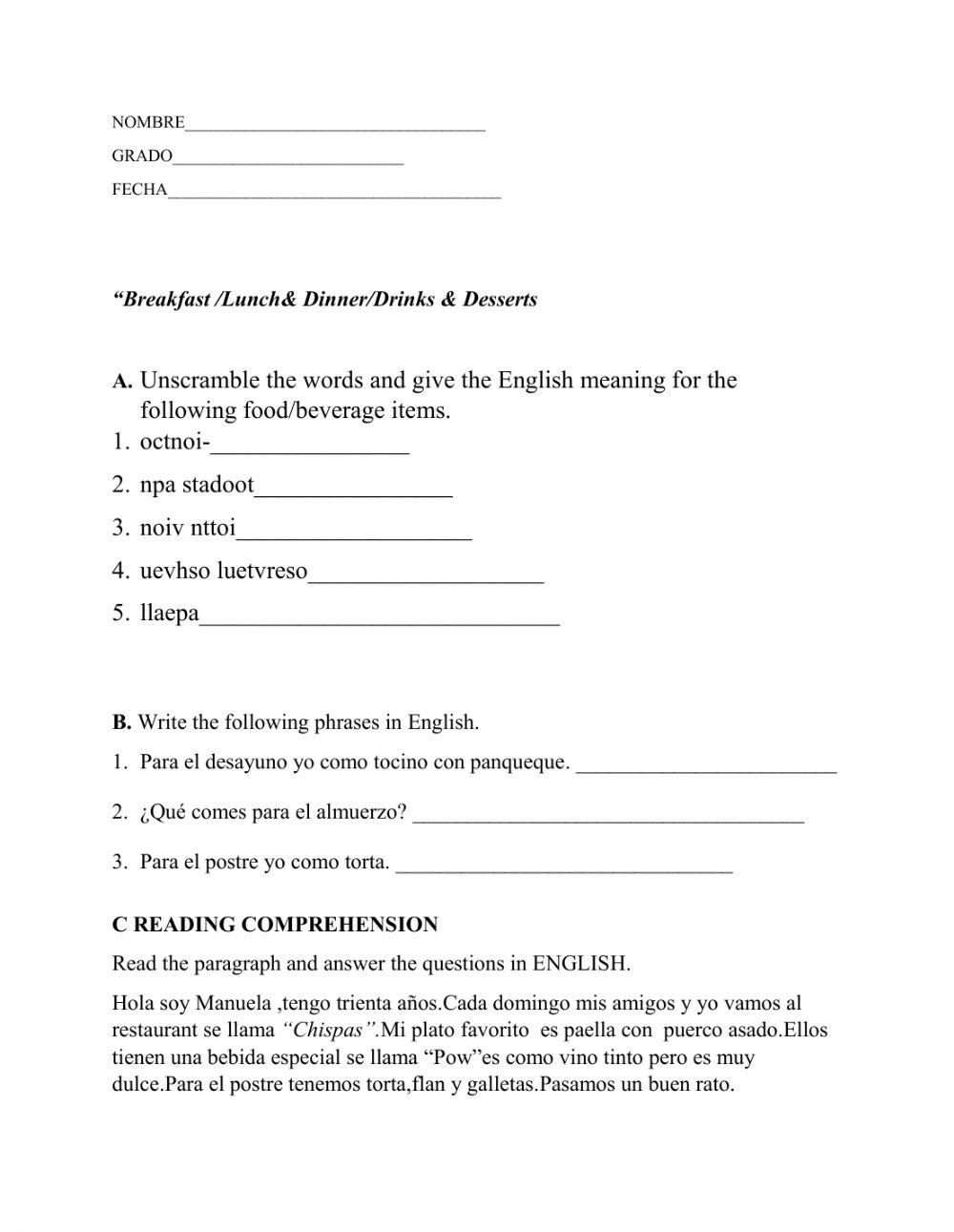 Breakfast-Lunch-Dinner-Drinks online exercise for | Live Worksheets