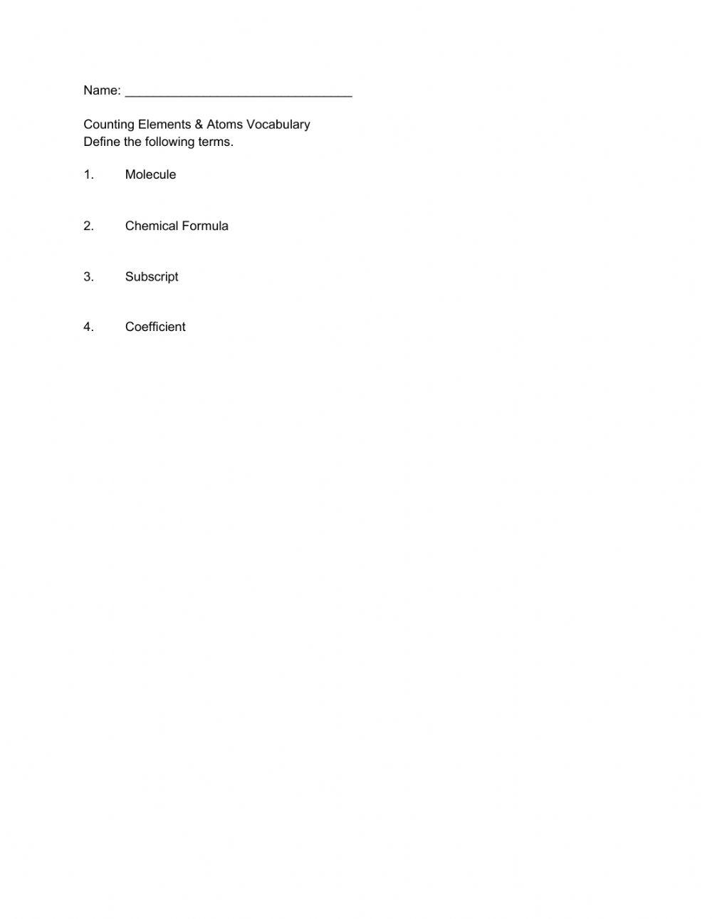 Counting Elements & Atoms Vocabulary worksheet | Live Worksheets