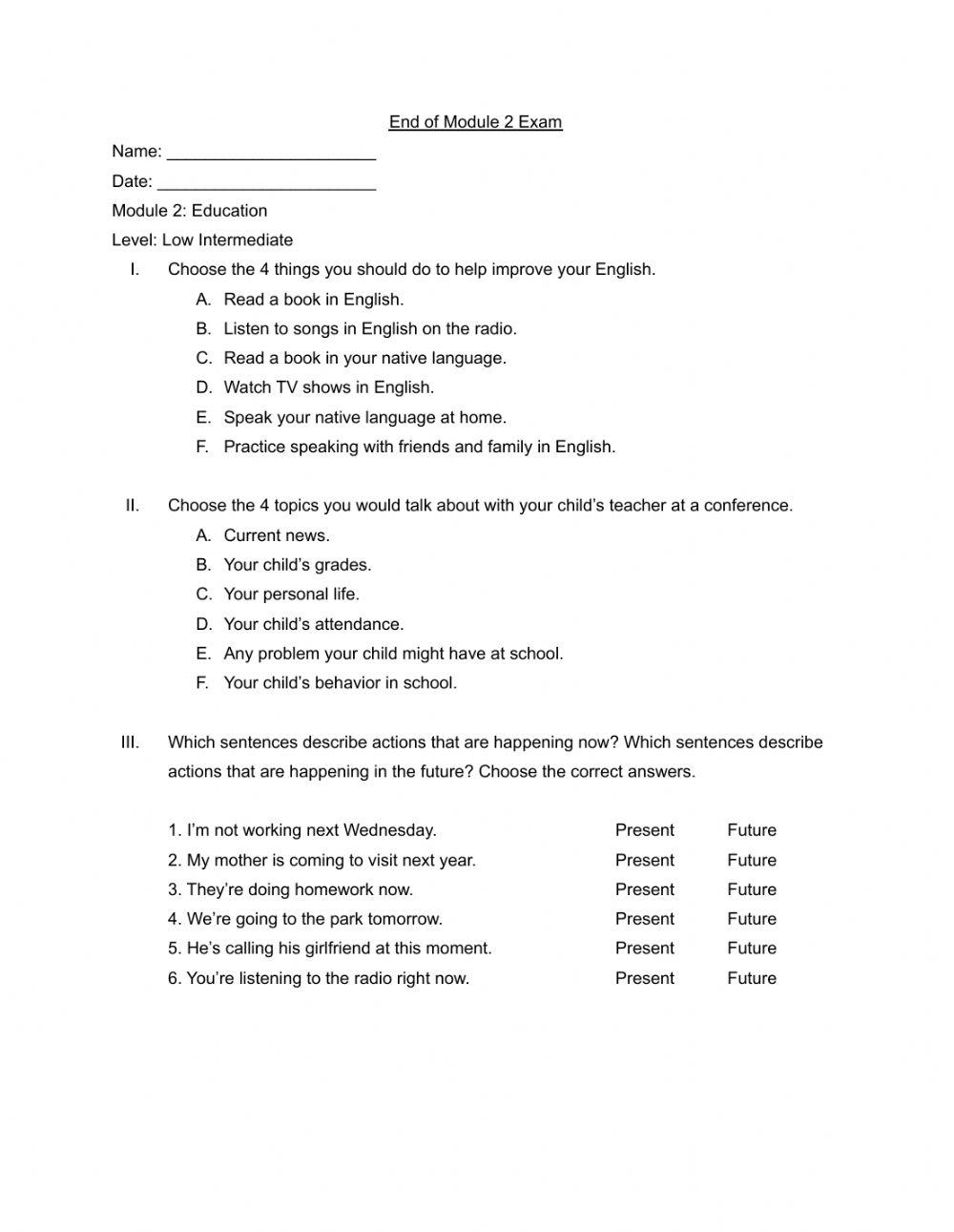 Low Intermediate Module 2 Assessment worksheet | Live Worksheets