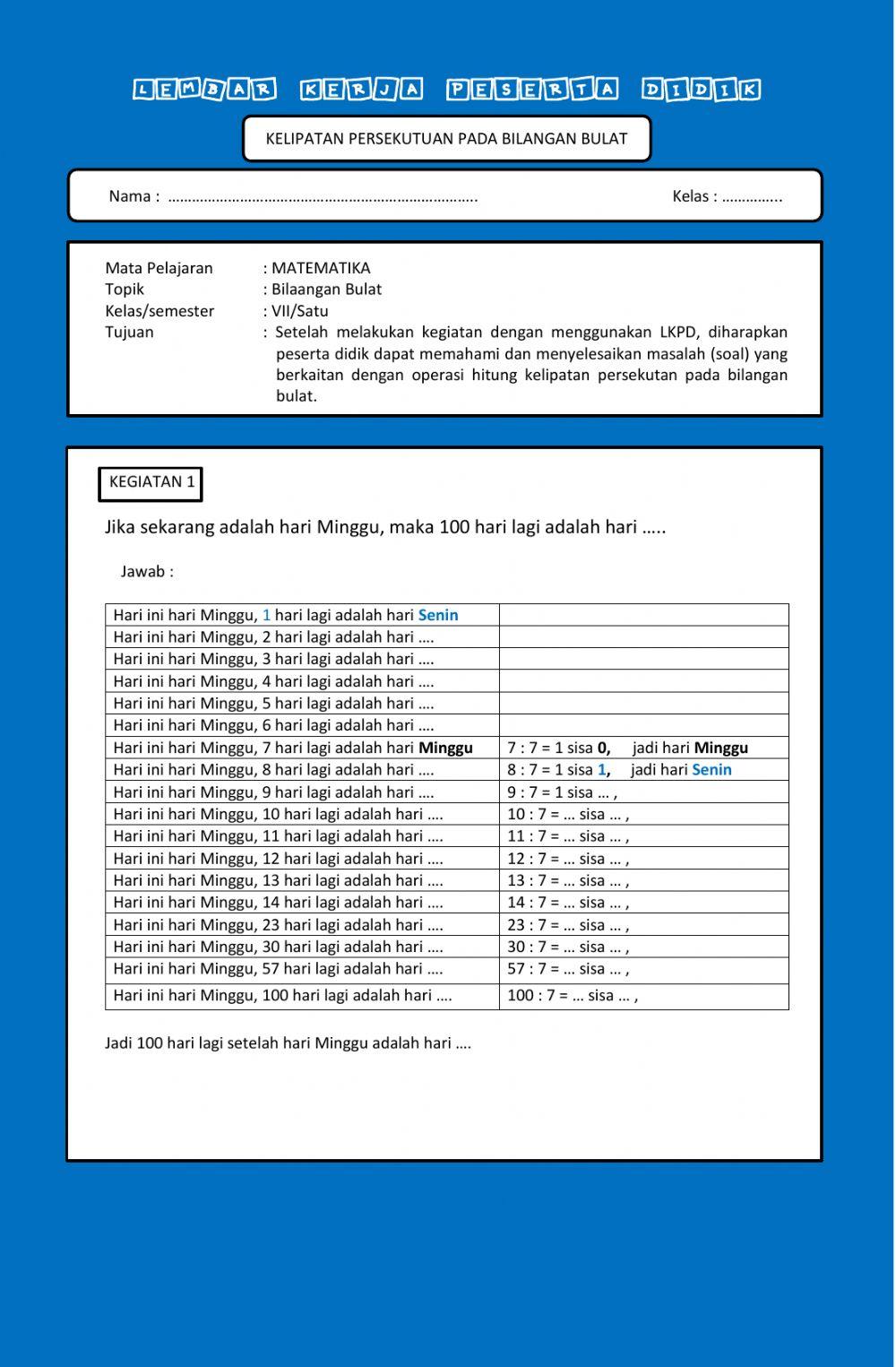 Kelipatan Persekutuan Bilangan Bulat worksheet | Live Worksheets