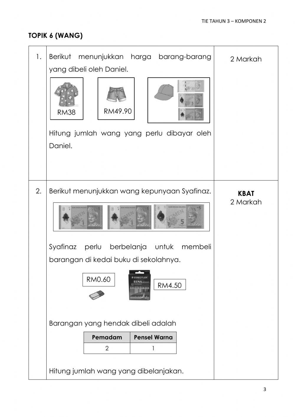 TIE-tahun3 Komponen 2(set 1-3) worksheet | Live Worksheets