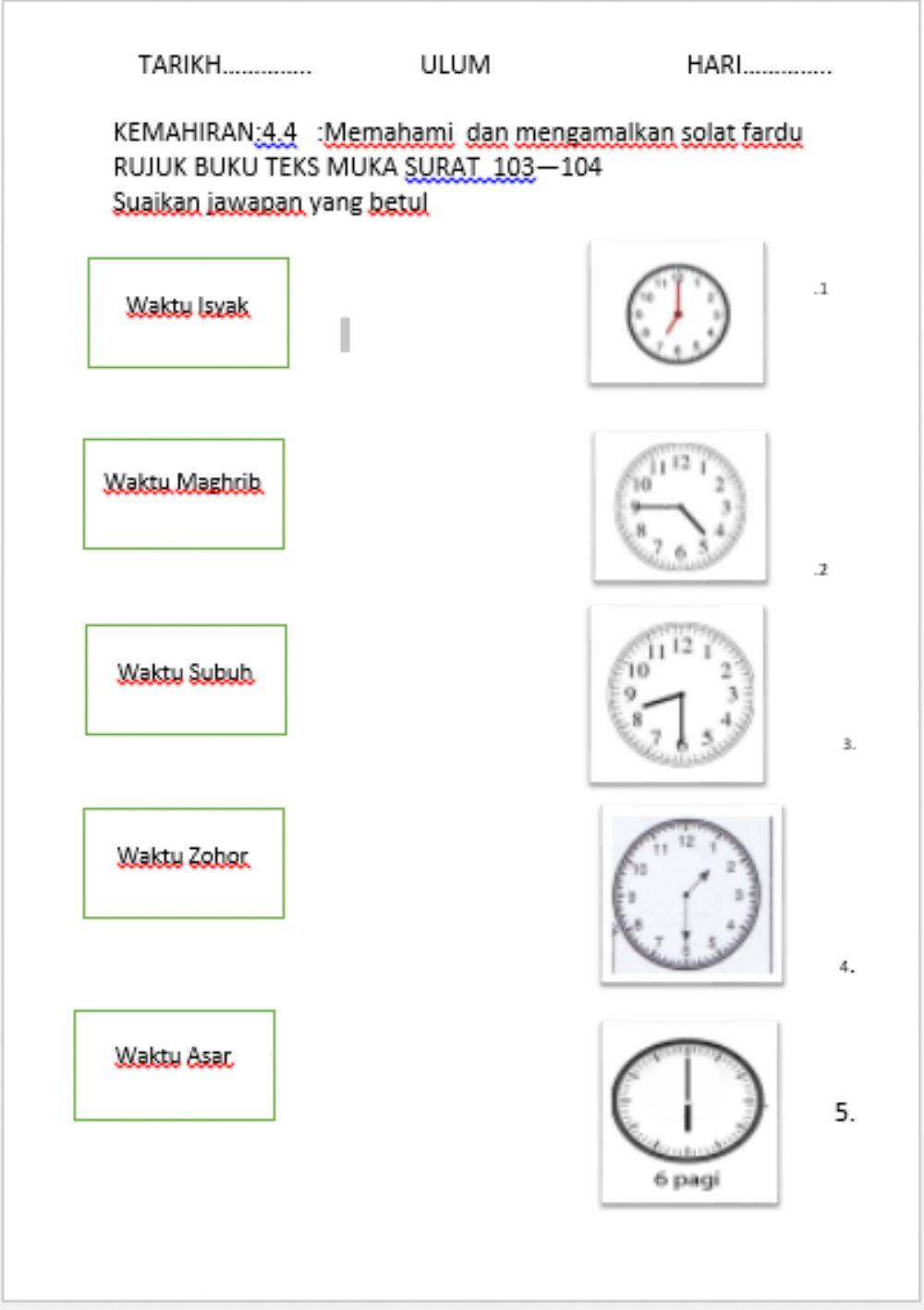 Waktu solat worksheet | Live Worksheets