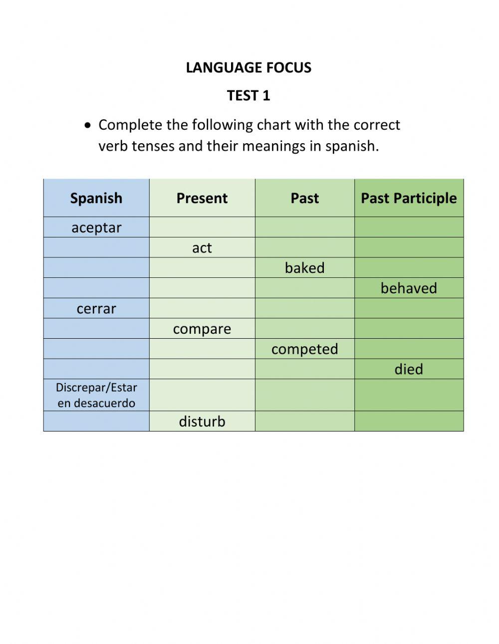 Regular Verbs - Test 1 worksheet | Live Worksheets