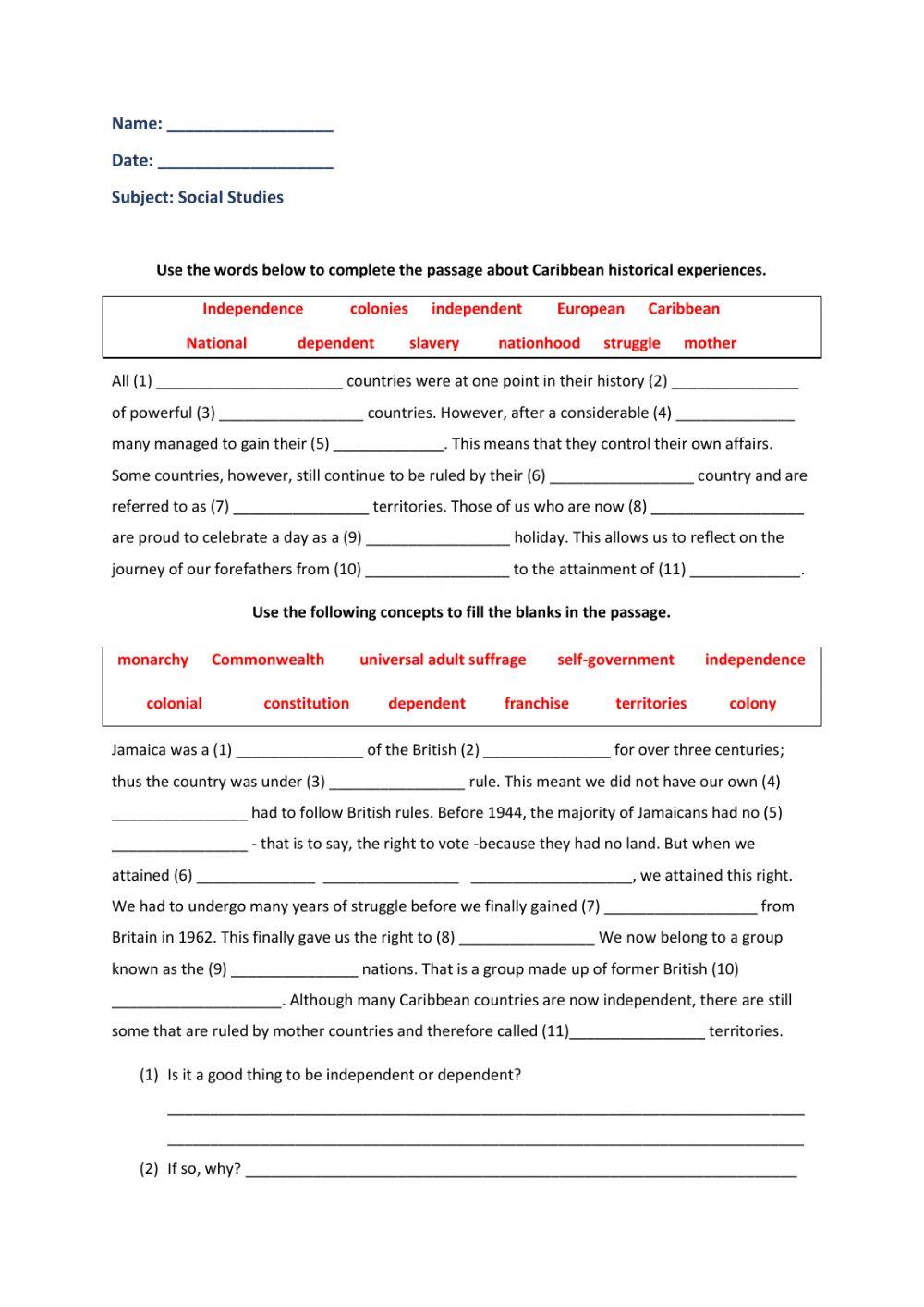 Caribbean Independence worksheet | Live Worksheets