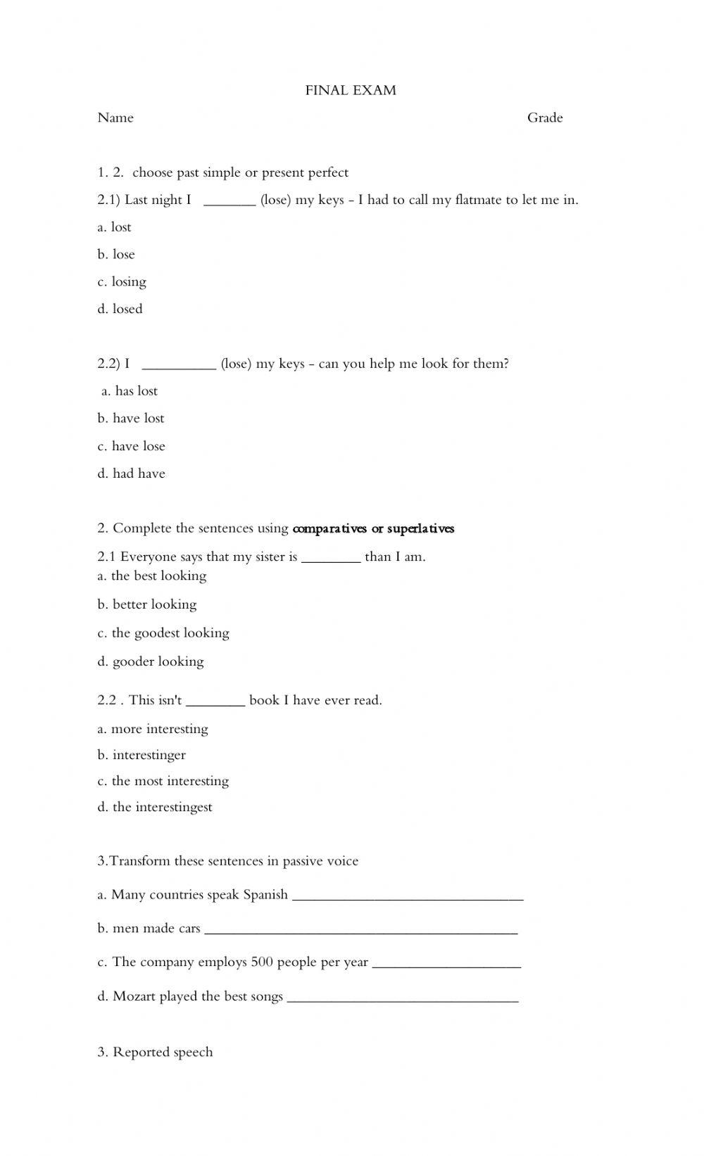 Final exam 7 worksheet | Live Worksheets
