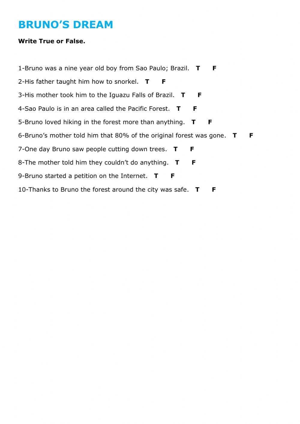 Bruno's dream after reading worksheet | Live Worksheets