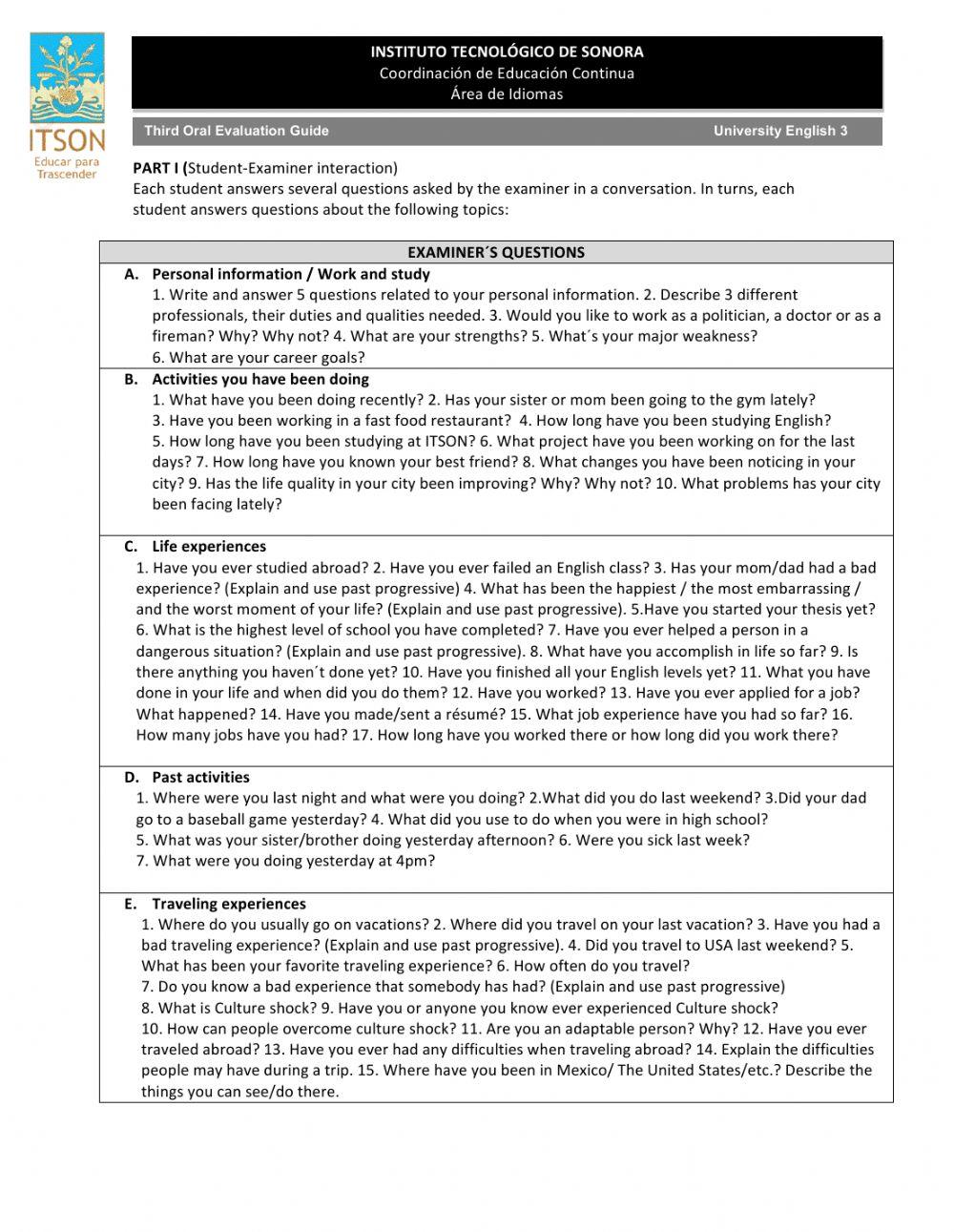 3rd Oral Evaluation Guide worksheet | Live Worksheets