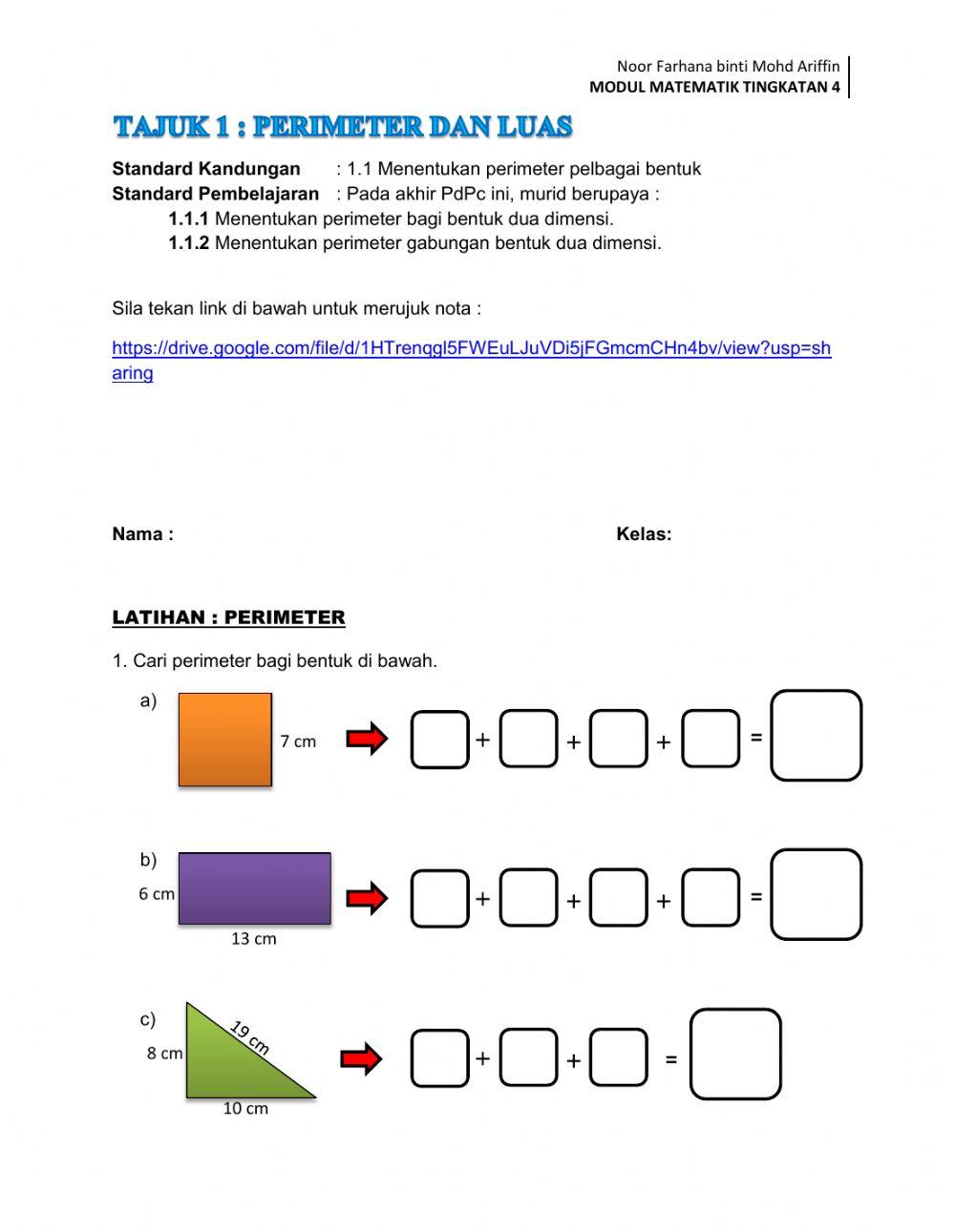 Unit 1 : Perime… | Free Interactive Worksheets | 498600