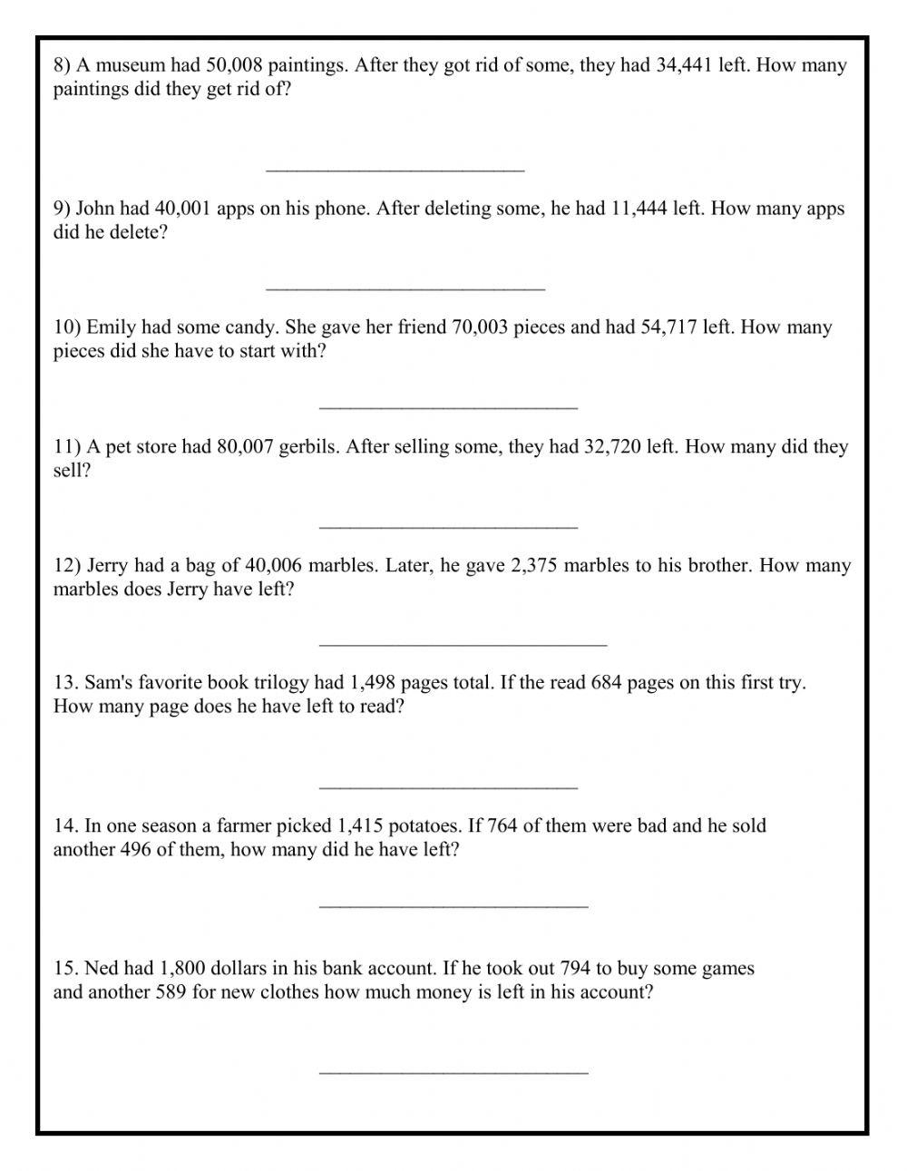 Subtracting across zero Word Problems grade 6 498902