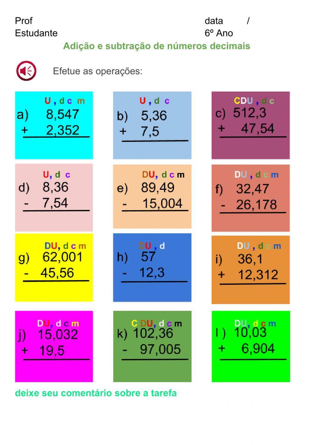 Operações Com Números Decimais Exercícios Resolvidos 6 Ano - FDPLEARN