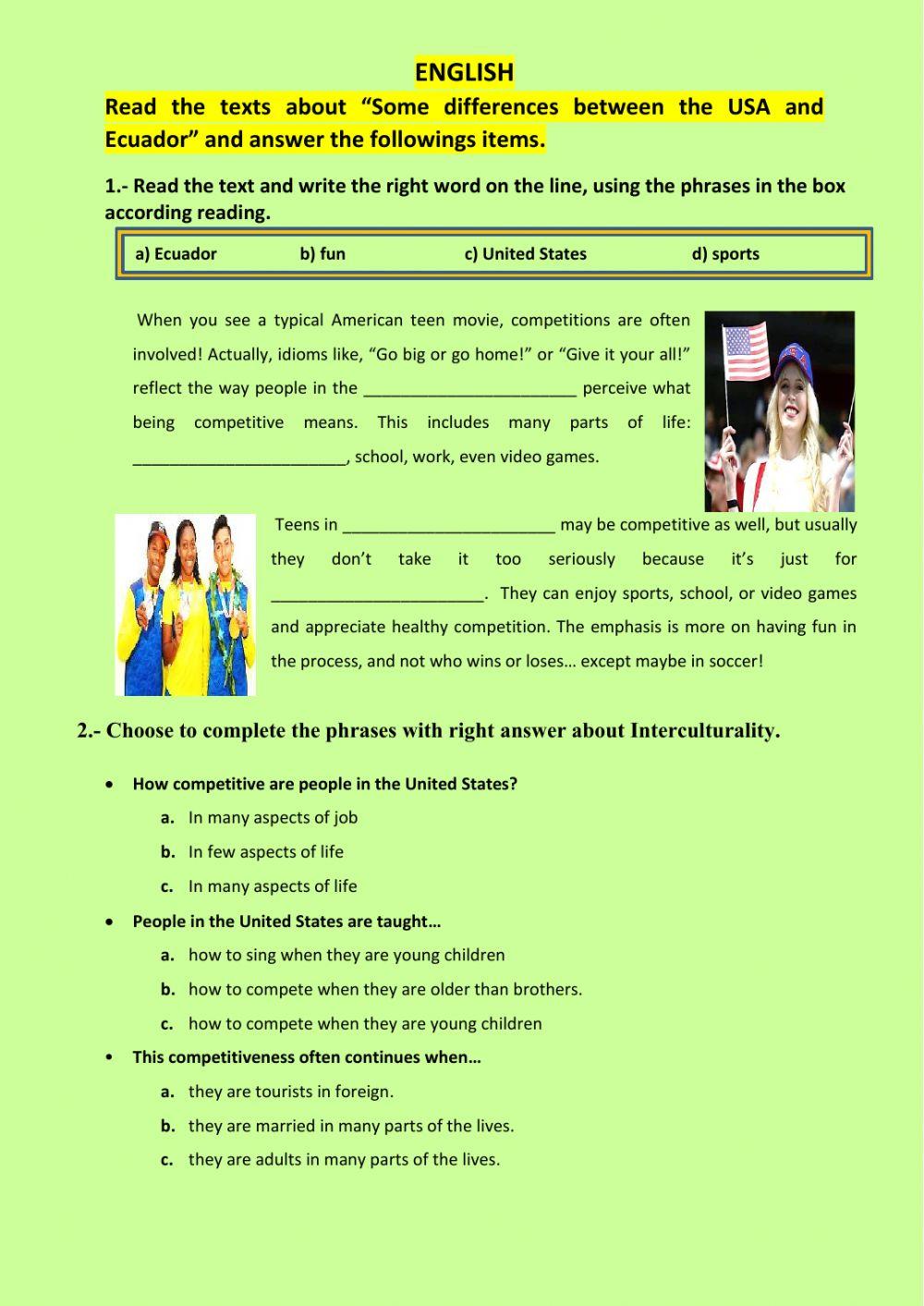 Some differences between USA and ECUADOR worksheet | Live Worksheets