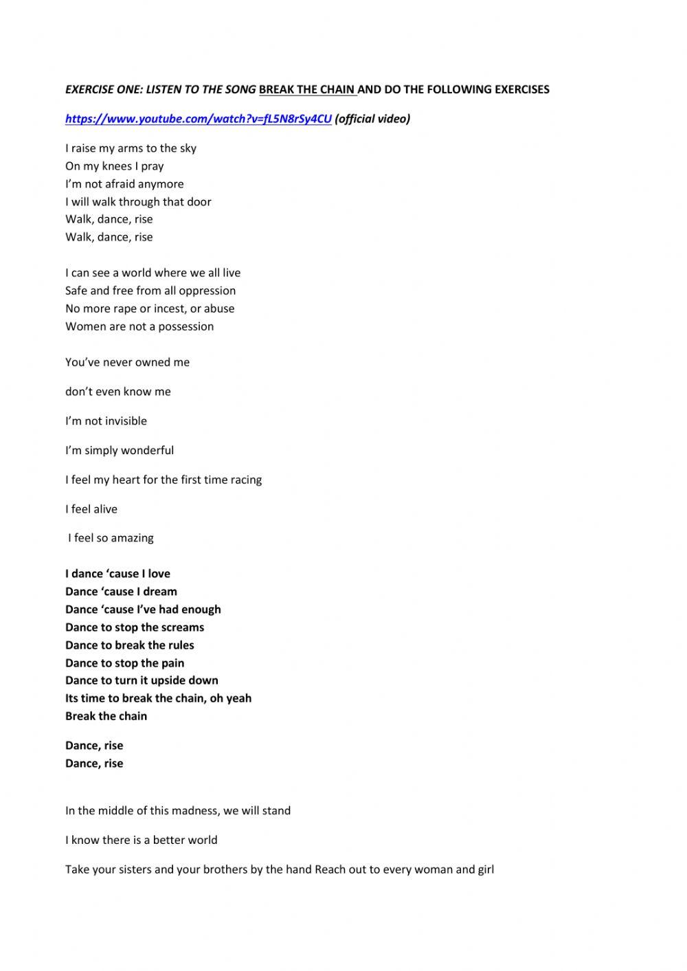 song: break the chain online exercise for | Live Worksheets