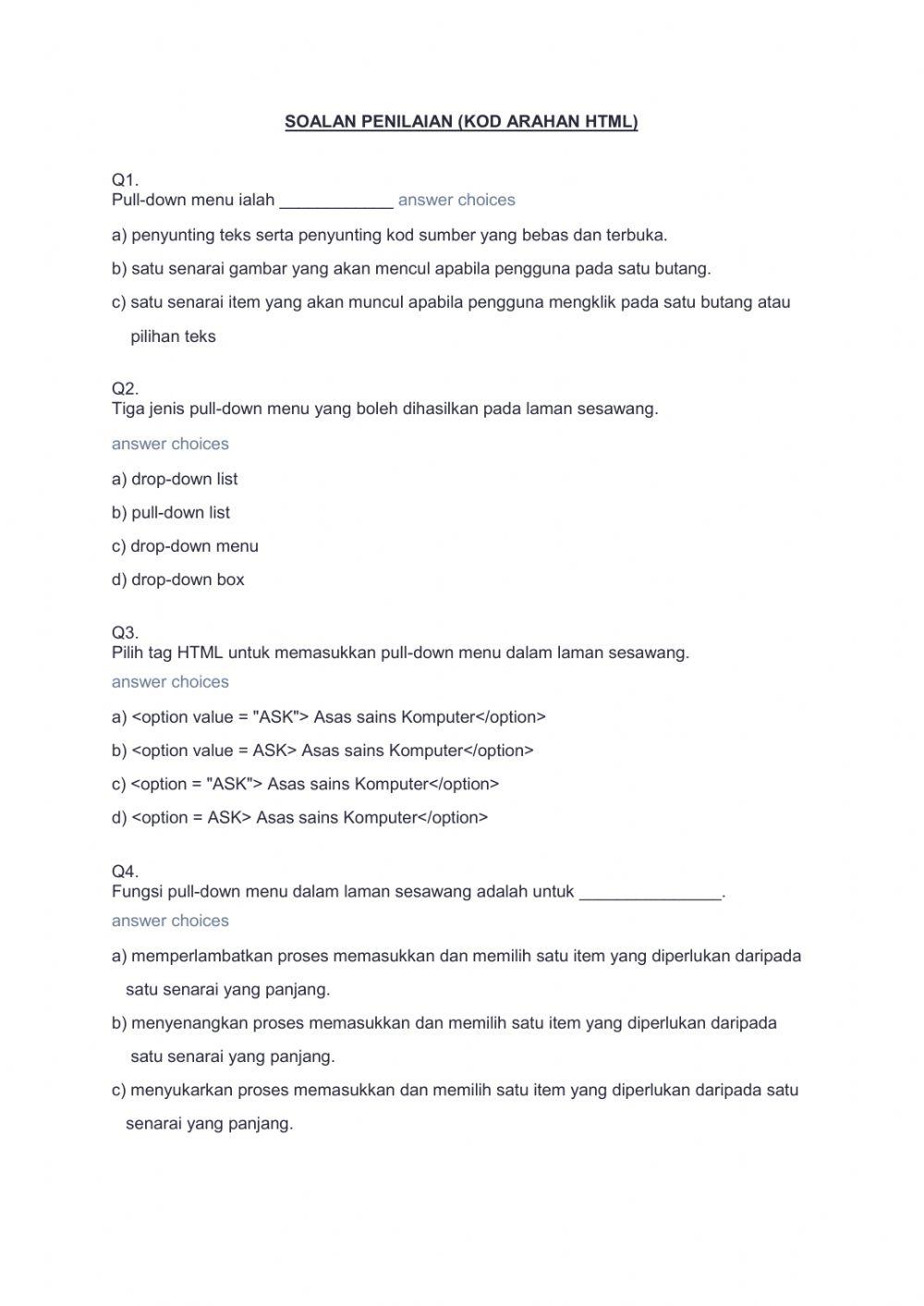 KOD ARAHAN HTML W35 online exercise for | Live Worksheets