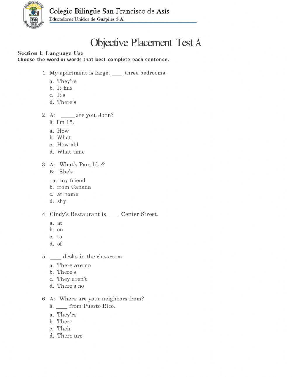 Placement test Part II and III worksheet | Live Worksheets