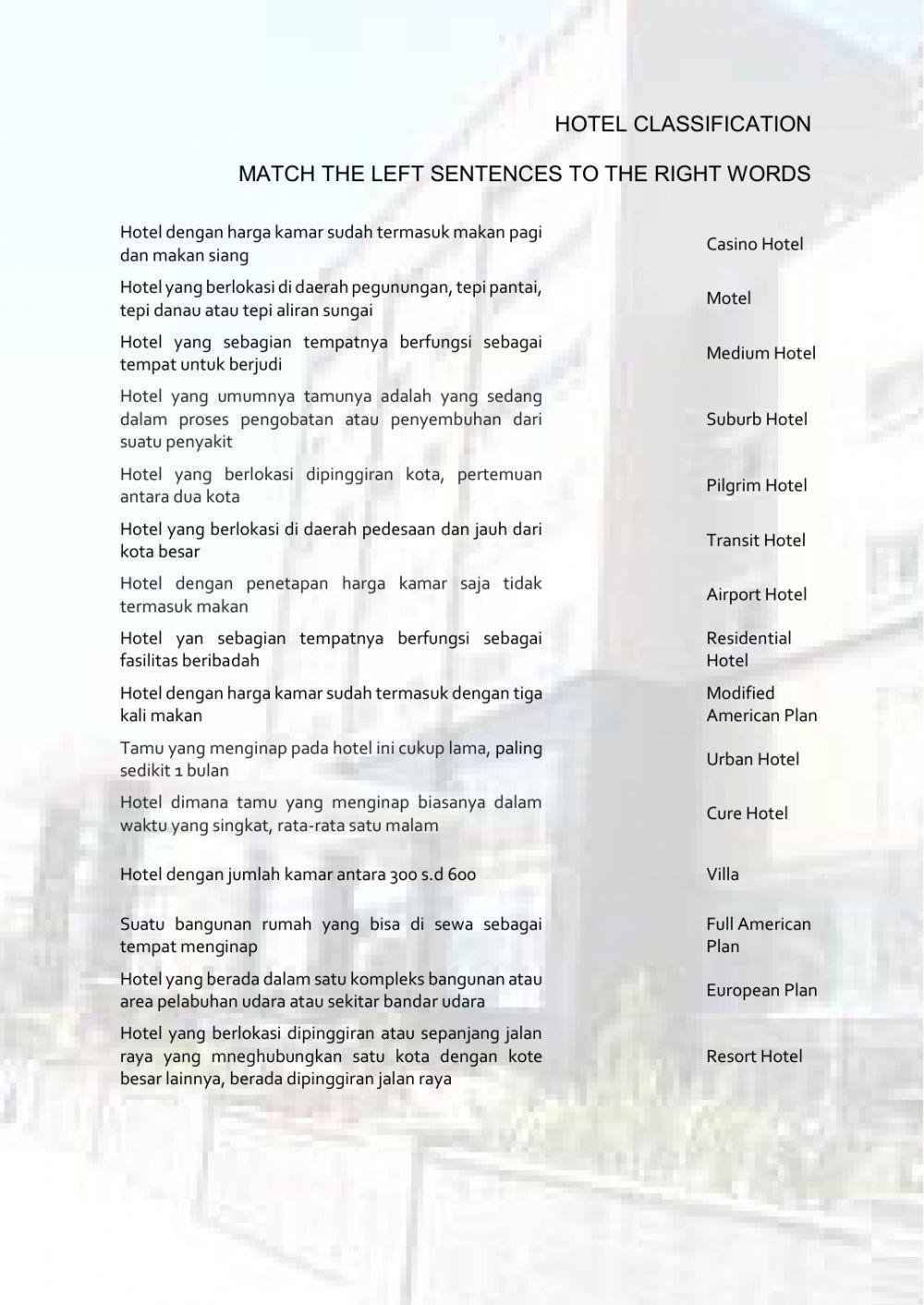 Hotel Classification worksheet | Live Worksheets