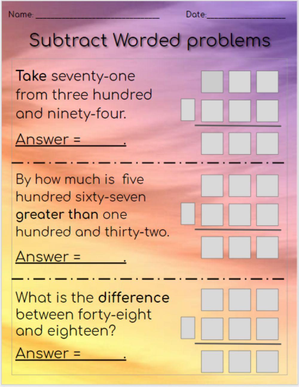 Subtraction Worded Exercise worksheet | Live Worksheets