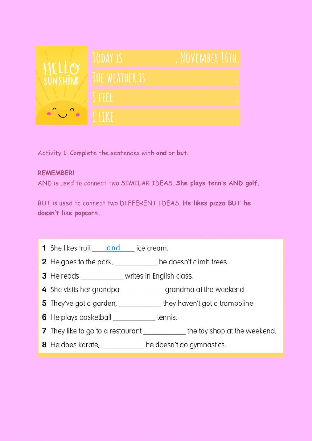 But or and worksheet | Live Worksheets