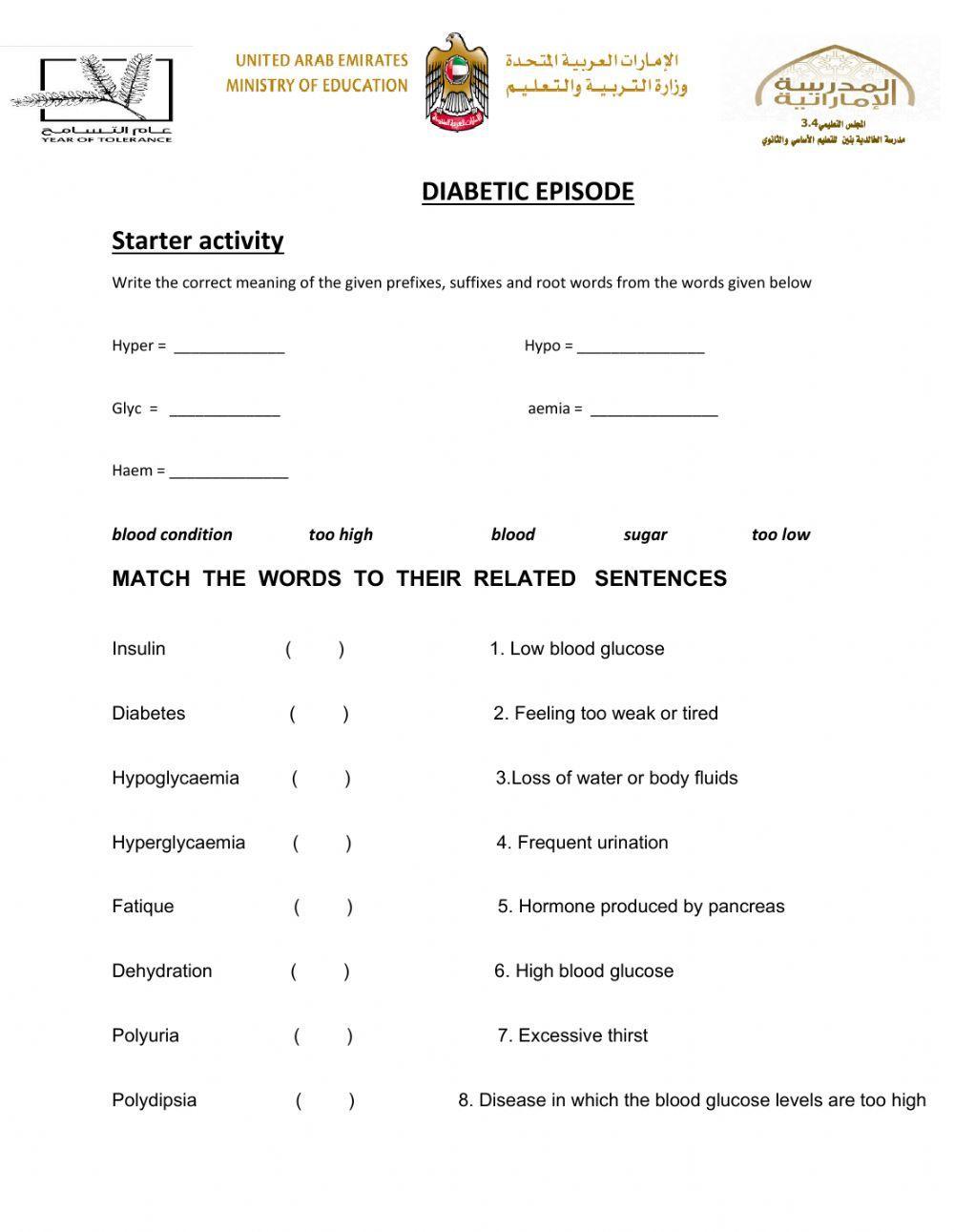 Diabetic episode interactive worksheet | Live Worksheets