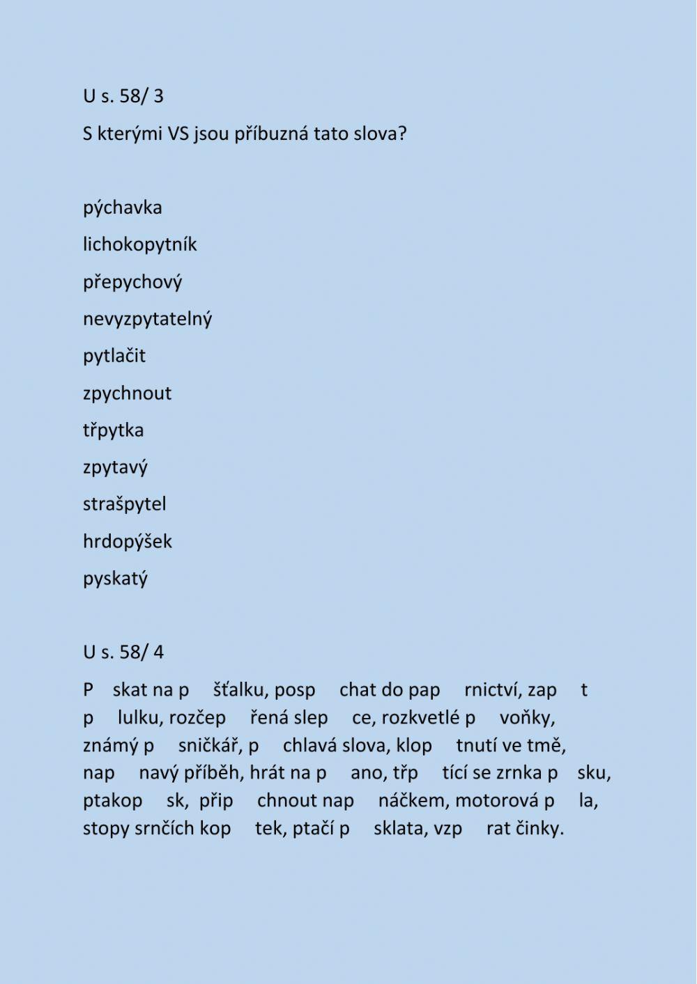 VS a slova příbuzná po P worksheet | Live Worksheets