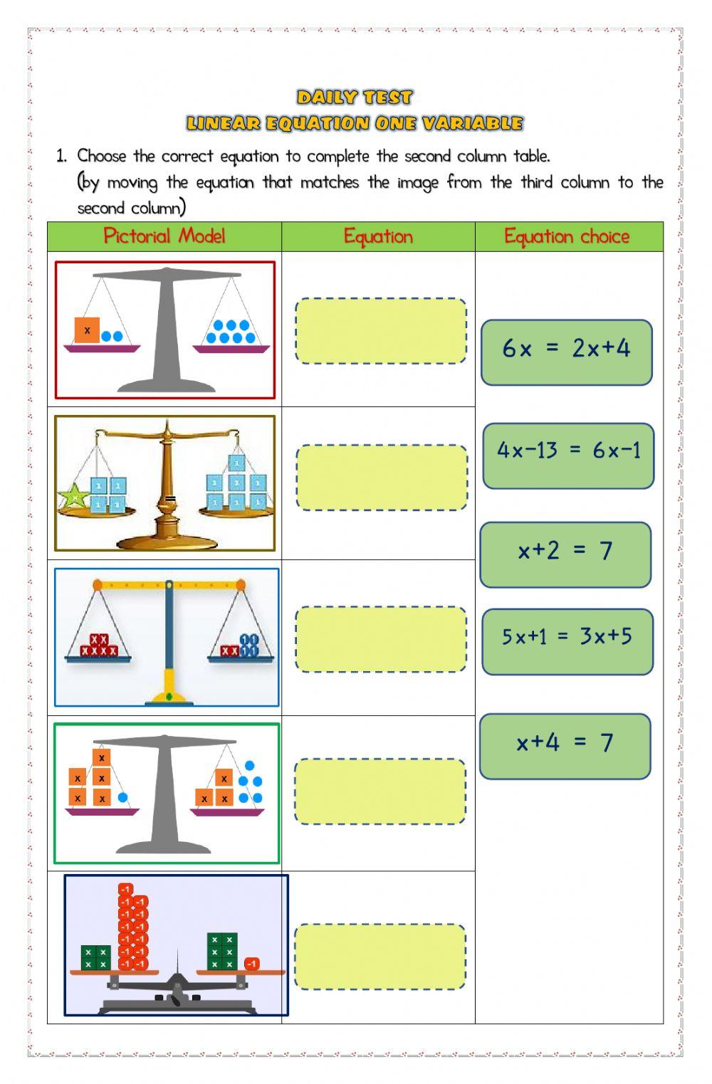 Daily Test Linear Equation One Variable worksheet | Live Worksheets