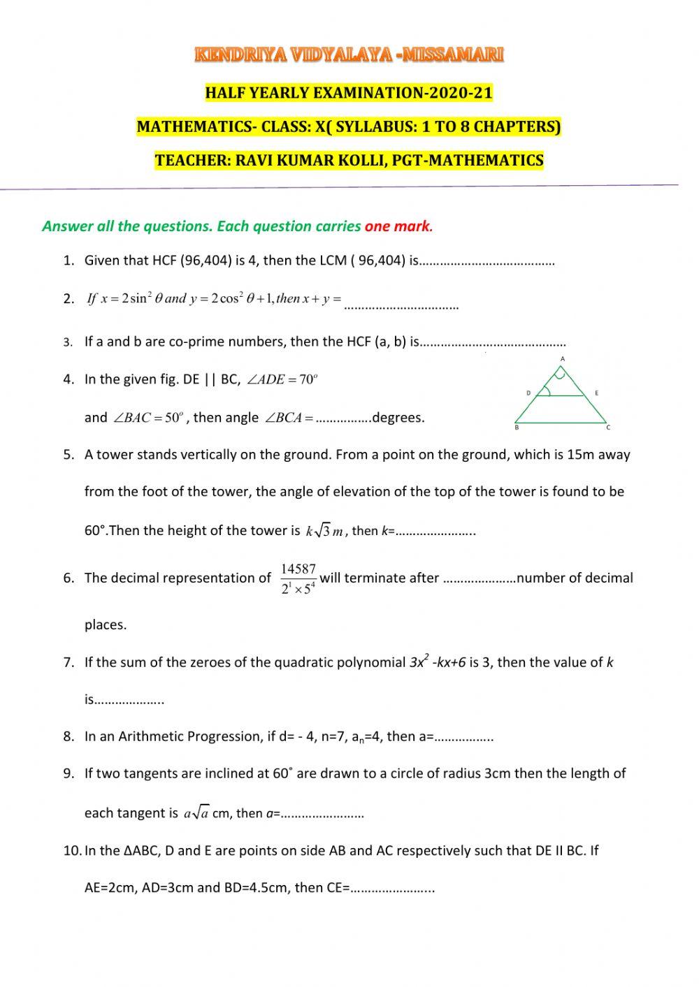 Class X, CBSE MCQ QUESTIONS FROM 1 to 7 CHAPTERS worksheet | Live ...