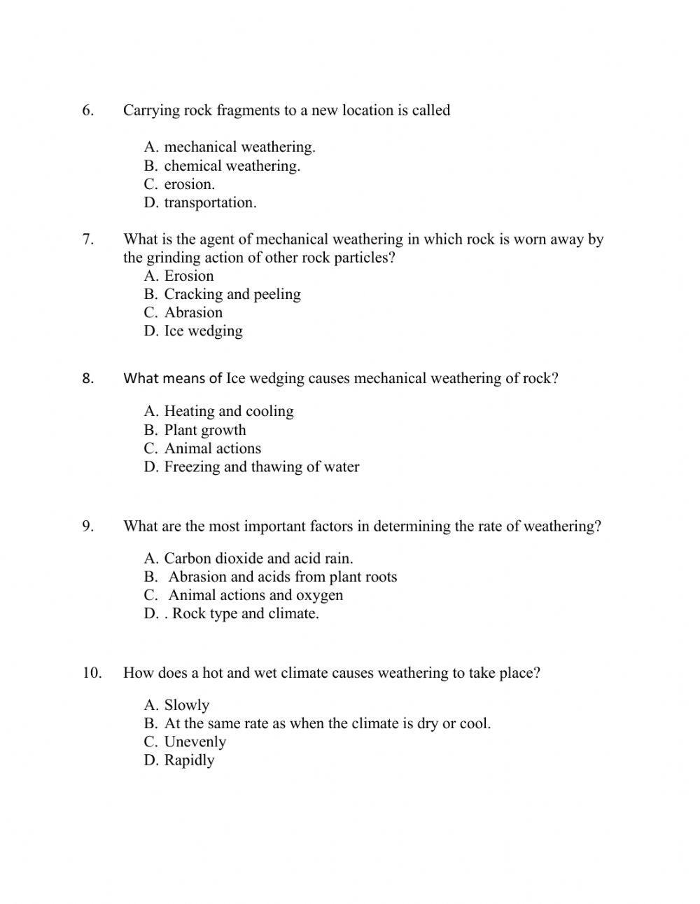 Weathering Quiz online exercise for | Live Worksheets